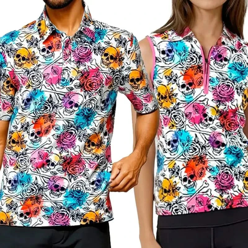 Skull & Roses Matching Golf Shirts Multicolor - Couples Polos | Tattoo Golf